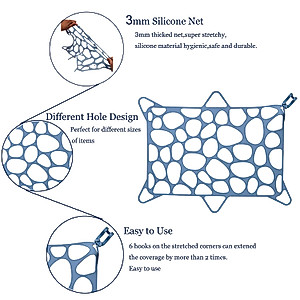 REVEX Dishwasher Net, 9.8"x14.5" Silicone Dishwasher Net For Small Items, 6 Adjustable Hooks to Cover Plastic Bowls,Baby Bottle and Cups to Avoid Tipping Over, Suitable for All Dishwashers (Blue)