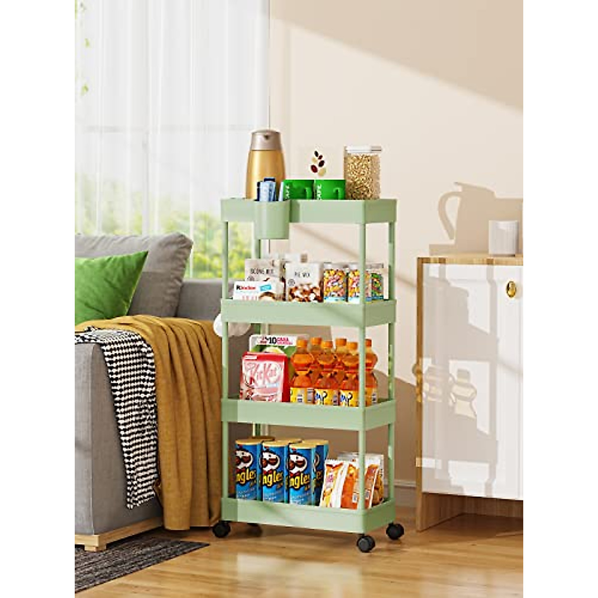 LEHOM Slim Rolling Storage Cart - 4 Tiers Bathroom Organizer Utility Cart Slide Out Storage Shelves Mobile Shelving Unit for Kitchen, Bedroom, Office, Laundry Room, Small Narrow Spaces, Green