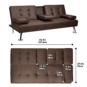 YESHOMY Futon Sofa Bed, Modern Faux Leather Convertible Folding Lounge Couch for Living Room with 2 Cup Holders Removable Soft Armrest and Sturdy Metal Legs, Brown