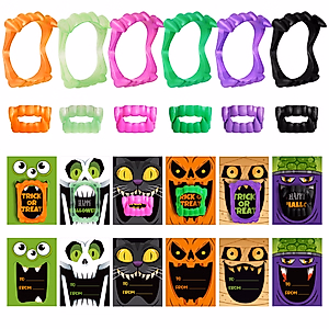 48Pcs Halloween Party Favors Vampire Teeth with Gift Cards,24 Plastic Fake Vampire Fangs Toys Bulk Halloween Treats Non Candy Goodie Bag Basket Stuffers Classroom Prizes Gift for Kids Trick or Treat