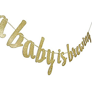 A Baby is Brewing Gold Glitter Banner Sign Garland for Baby Boy, Girl or Gender Reveal Baby Shower Party Decorations Supplies Cursive Bunting Photo Booth Props