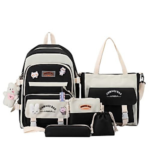 DAHUOJI Kawaii Backpack Set 5pcs Aesthetic Backpack for School Teens Girls Daypack Large with Pendants and Pins,Pen Case,Tote Bag,Small Bag(Black)