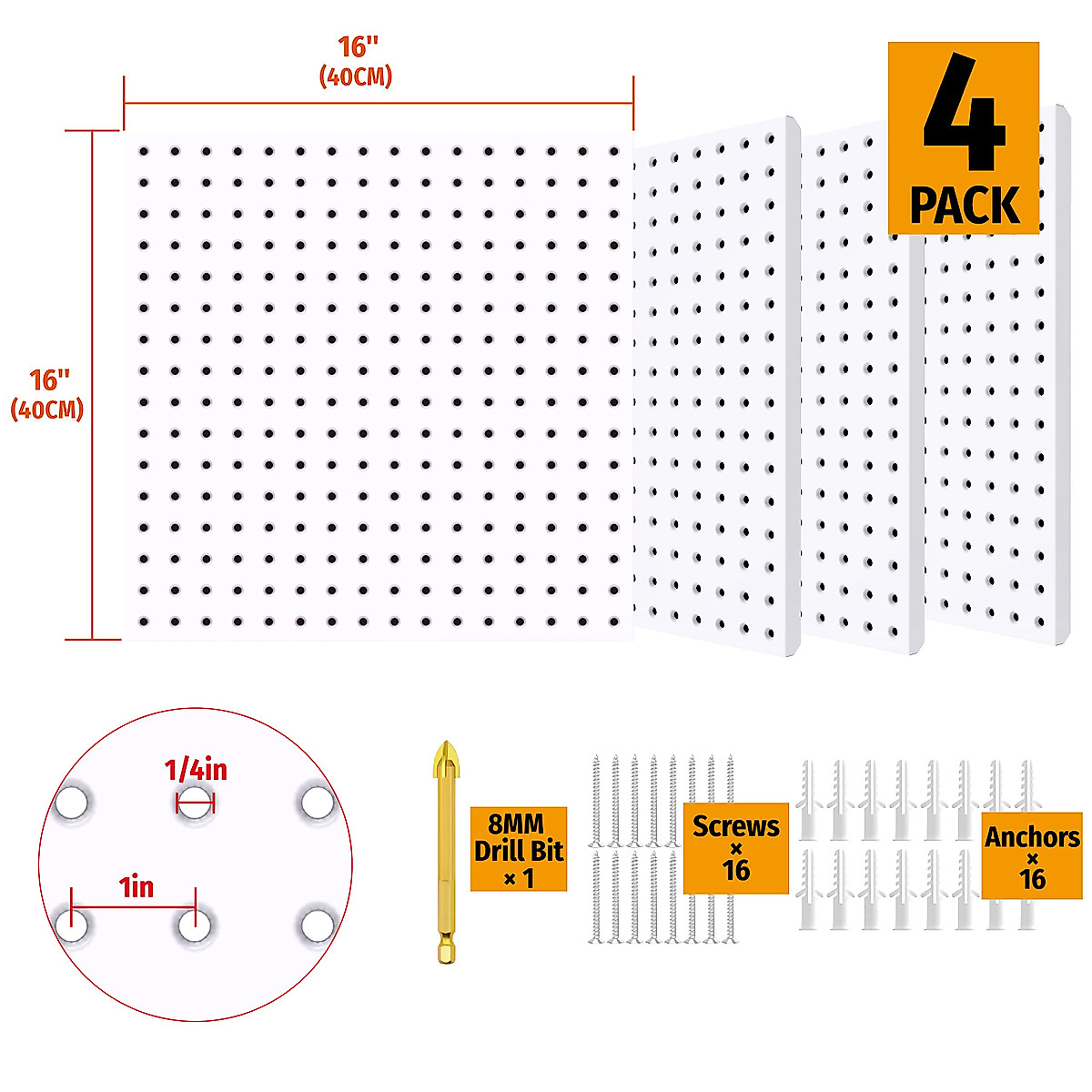 HUHOLE White Pegboard, Metal Pegboard Panels, 32-inch X 32-inch Metal Peg Board for Garage, Gaming, Craftroom, etc, 4PC
