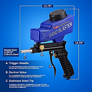 LE LEMATEC Sand Blaster Gun Kit for Air Compressor, Paint/Rust Remover for Metal, Wood & Glass Etching, Up to 150 PSI Blasting Media for Aluminum, Sand, Walnut Shells & Soda Blaster Jobs, Blue