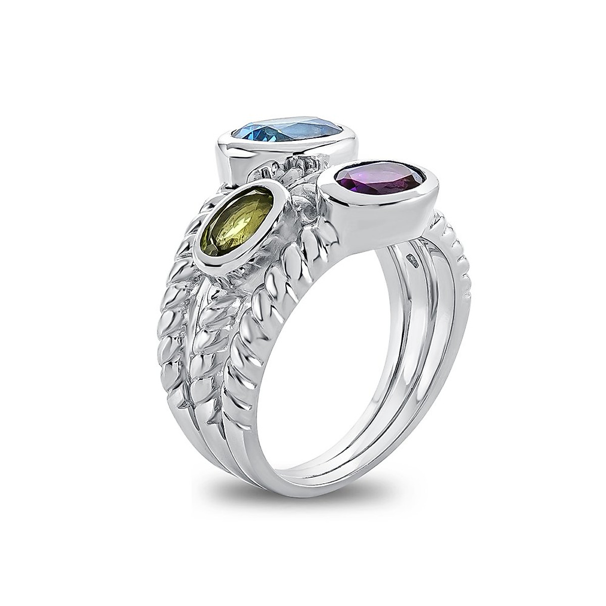 FJC Finejewelers Amethyst, Peridot, and Blue Topaz Ring Sterling Silver Size 7.5