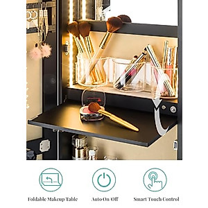 LUXFURNI Mirror Jewelry Cabinet Wall-Mount/Door-Hanging Armoire, Full length Mirror Lockable Makeup Storage Organizer w/Cosmetic Box (Black)