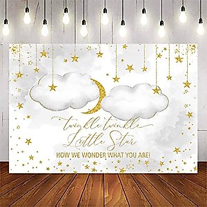 Avezano Twinkle Twinkle Little Star Backdrops Gray White Clouds Gender Neutral Baby Shower Party Background Gold Glitter Stars Newborn Baby Boy or Girl Gender Reveal Decoration Supplies 7x5ft