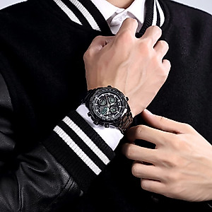 GOLDEN HOUR Luxury Stainless Steel Analog Digital Watches for Men Male Outdoor Sport Waterproof Big Heavy Wristwatch (Black)