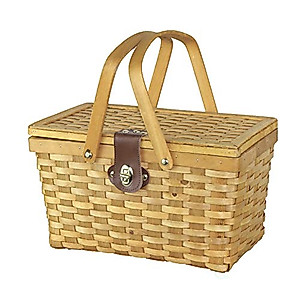 Vintiquewise.com Gingham Lined Woodchip Picnic Basket with Lid and Movable Handles