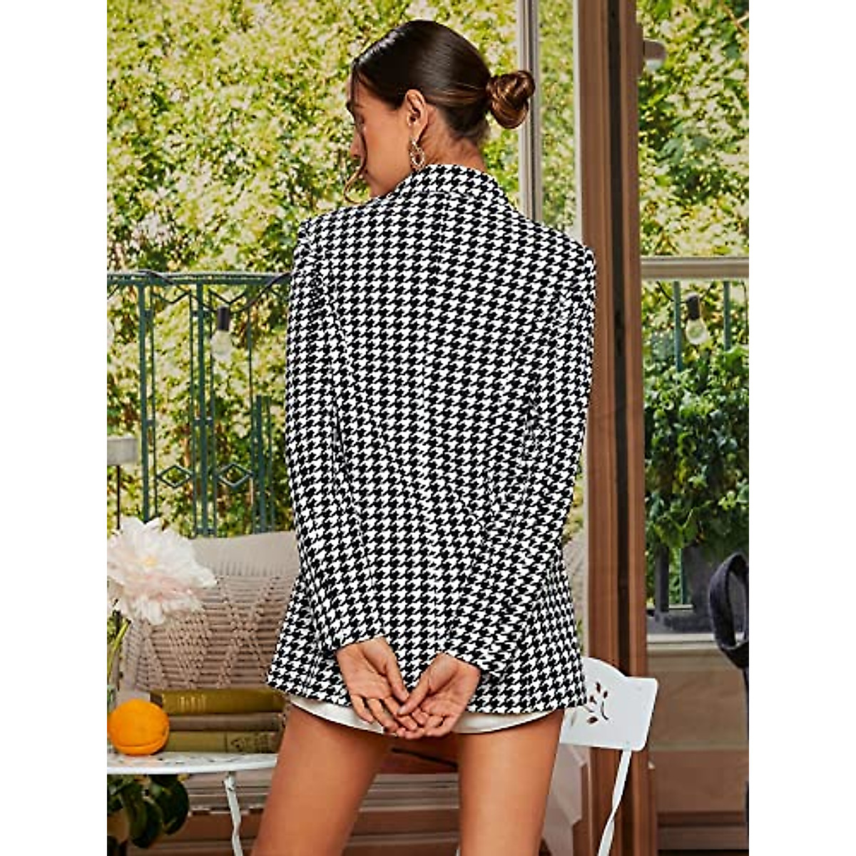 Floerns Women's Casual Long Sleeve Pop Art Colorful Blazer Graphic Work Suit Jacket Black Houndstooth XL