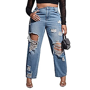 WDIRARA Women's Plus Size Ripped High Waist Cut Out Straight Leg Jeans Denim Pants Light Wash 2XL