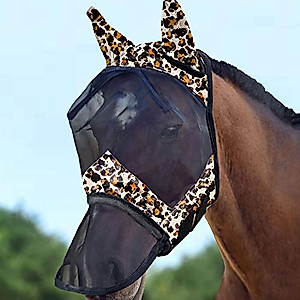 Harrison Howard LumiVista Horse Fly Mask Long Nose with Ears UV Protection for Horse Leopard Print M Cob