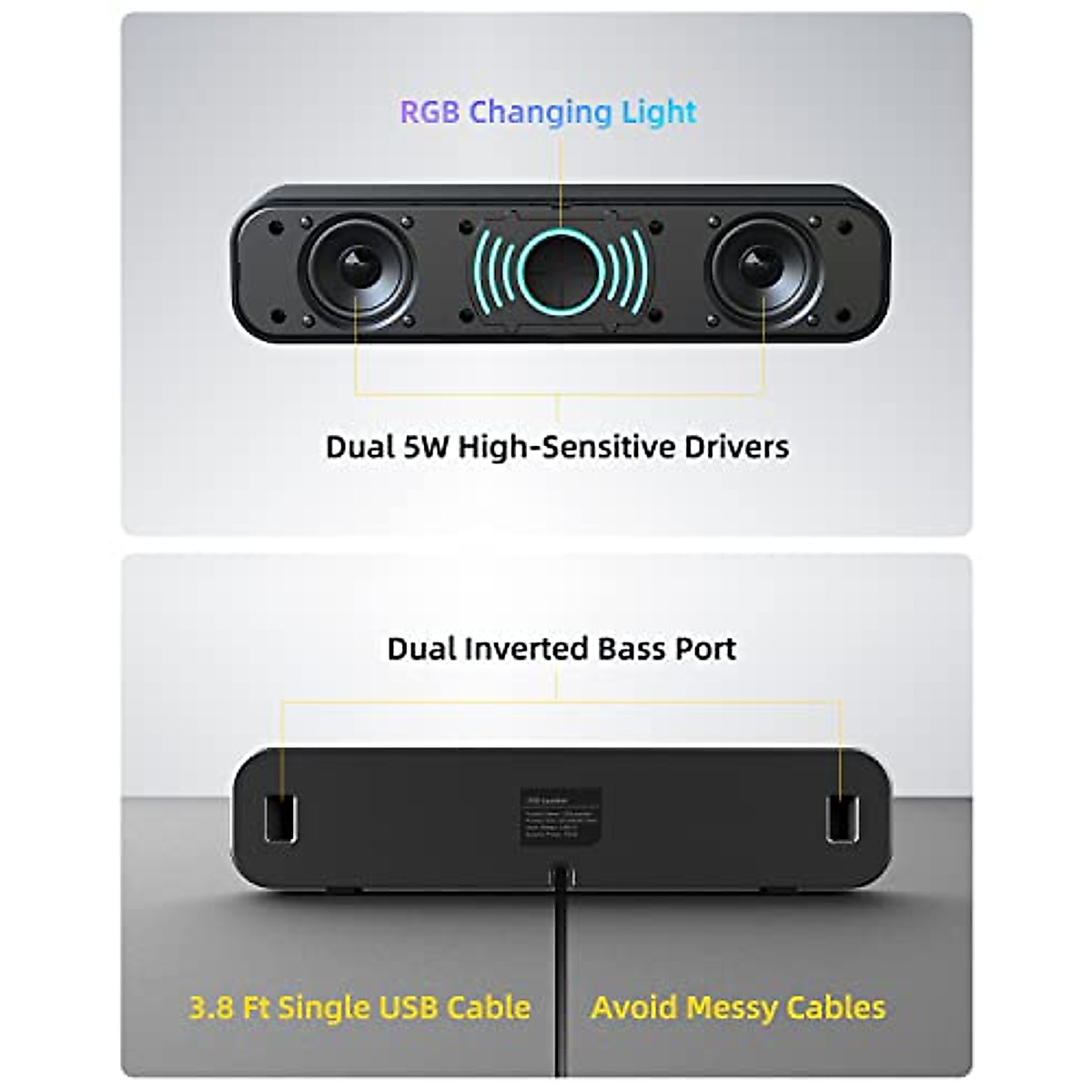 YOFANQI USB Computer Speakers for Desktop, Laptop, PC Gaming Speakers, Small Computer Sound Bar with Stereo Loud Sound, Enhanced Bass, Dynamic RGB Light, Digital Volume Knob