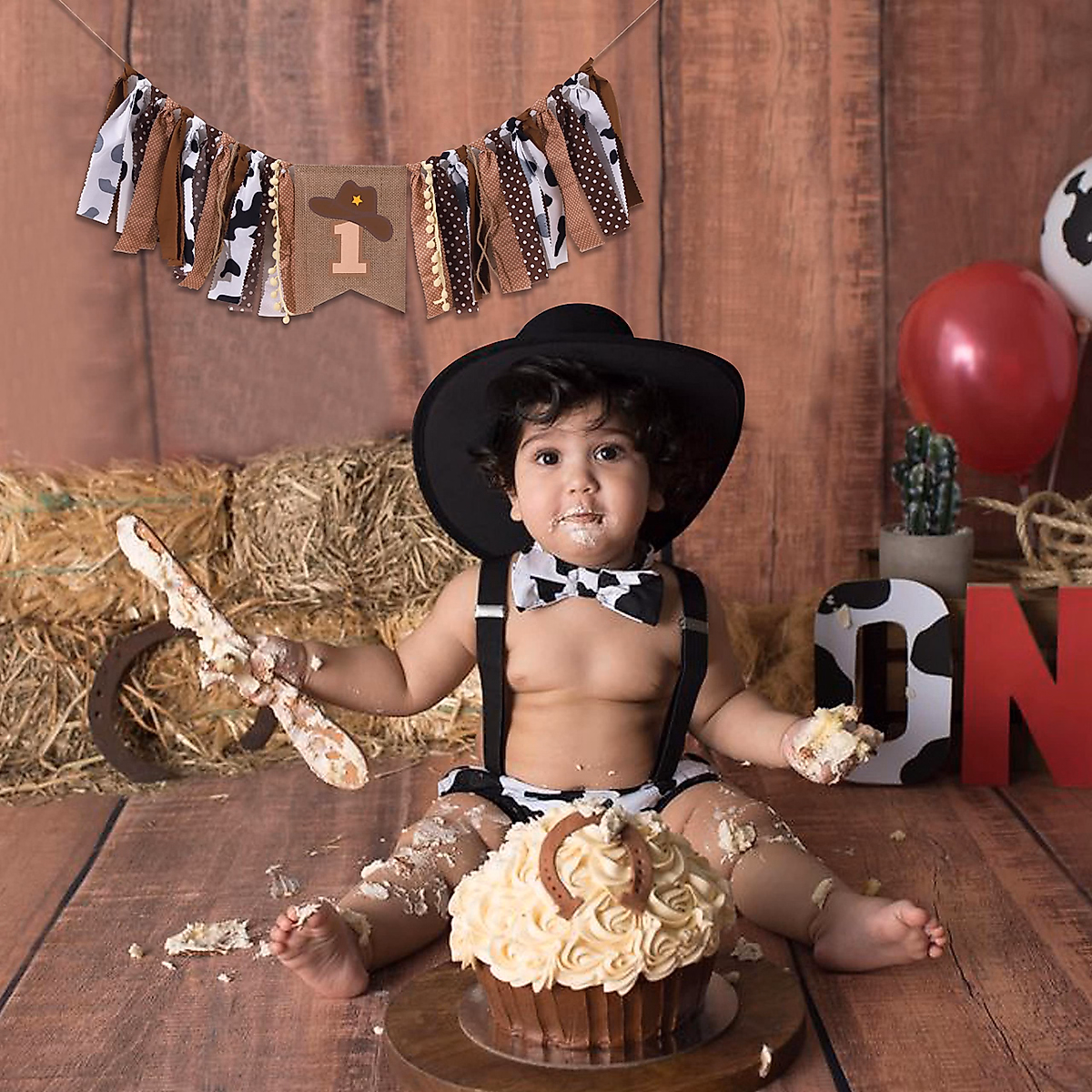 1st Birthday High Chair Banner - Cowboy Rodeo for Party Fabric Decor,Cake Smash Baby Shower,Backdrop Garland for photo props