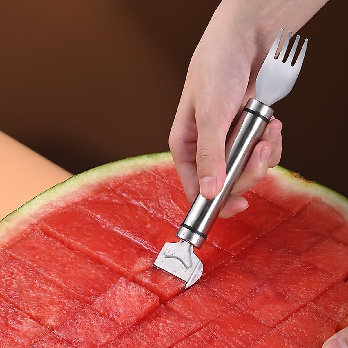 2-in-1 Stainless Steel Fruit Cutter, 2024 Upgrade Watermelon Slicer Cutter Summer Watermelon Fruit Cutting Fork, Stainless Steel 2-in-1 Watermelon Fork Slicer for Home Kitchen Gadget (1 Pcs)
