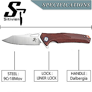 Sitivien ST219 Folding Knife, 9Cr18Mov Steel Dalbergia Handle Outdoor EDC Tool Knife for Outdoor Camping,Hunting