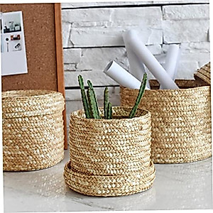 CurcKua 3pcs Straw Storage Baskets with Lid Woven Organizer Round Finishing Storage Box for Bedroom Living Room Laundry Snack