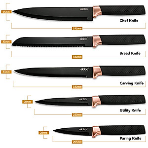 elabo 5 Piece Black Kitchen Knife Set with Stand - Stainless Steel Non-Stick Coating Knives, Rose Gold Handle