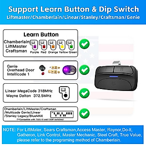 Universal Garage Door Opener Remote Compatible with LiftMaster Chamberlain Genie Craftsman Linear Wayne Dalton Overhead Door and More has Learn Button or Dip Switch
