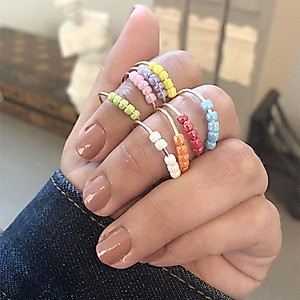 Set of 8 Boho Spinner Fidget Colorful Resin Beads Band Ring for Anxiety for Women Thin Coil Rotate Freely Inspirations Stress Relief Anti Pressure Jewelry Stacking Loop Expandable Adjustable Best Friends Dainty Birthday (Silver)