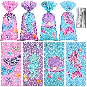 Hotop 100 PCS Mermaid Cellophane Bags Mermaid Gift Treat Bags Mermaid Goodie Candy Bags 150 Ties Mermaid Party Favor Bags Birthday Party Decorations Supplies Mermaid Theme Baby Shower Party Serves