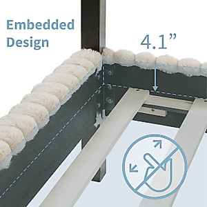 HOMES: Inside + Out Evadne Modern Canopy Bed Frame Queen Size with Channel Upholstered Headboard and Wooden Slats Support for Bedroom, Guest Room, No Box Spring Needed, Light Brown