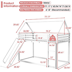 DreamBuck Bunk Bed Twin Over Twin, Metal House Shaped Bunk Bed with Convertible Slide and Ladder, Low Bunkbeds with High Guardrail for Kids Girls Boys, No Box Spring Needed, Without Noise, White