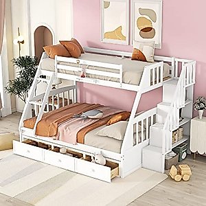 BIADNBZ Twin-Over-Full Bunk Bed with 3 Drawers, Storage Staircase and Ladder, Convertible 2 in 1 Wood Bedframe for Bedroom, Dorm, for Teens, Adults, White