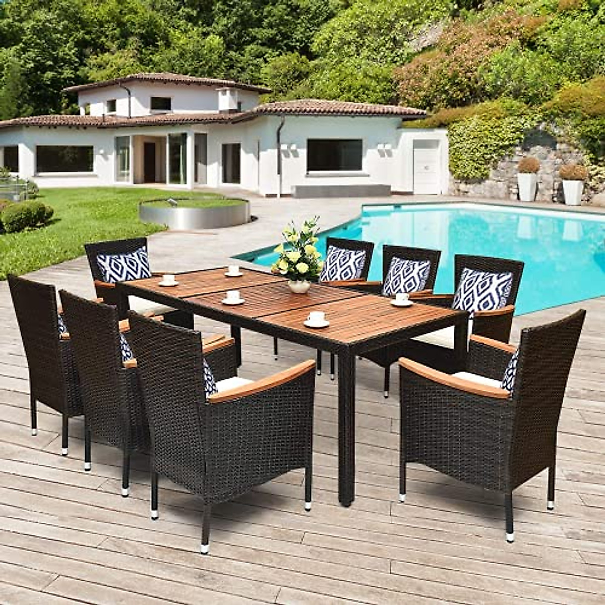 ReunionG 9PCS Outdoor Patio Dining Set, Garden Rattan Wick Furniture Set w/Acacia Wood Table and Stackable Armrest Chairs, Garden Dining Set for Patio, Poolside, Balcony and Indoor, Cushions Included