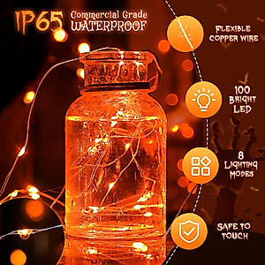 Ｗoohaha Solar Halloween Lights Outdoor,2 Pack Each 33Ft 100LED Orange Halloween Lights,Copper Wire Solar Powered Fairy String Lights 8 Modes for Garden,Tree,Thanksgiving,Christmas,Parties,Home Decor