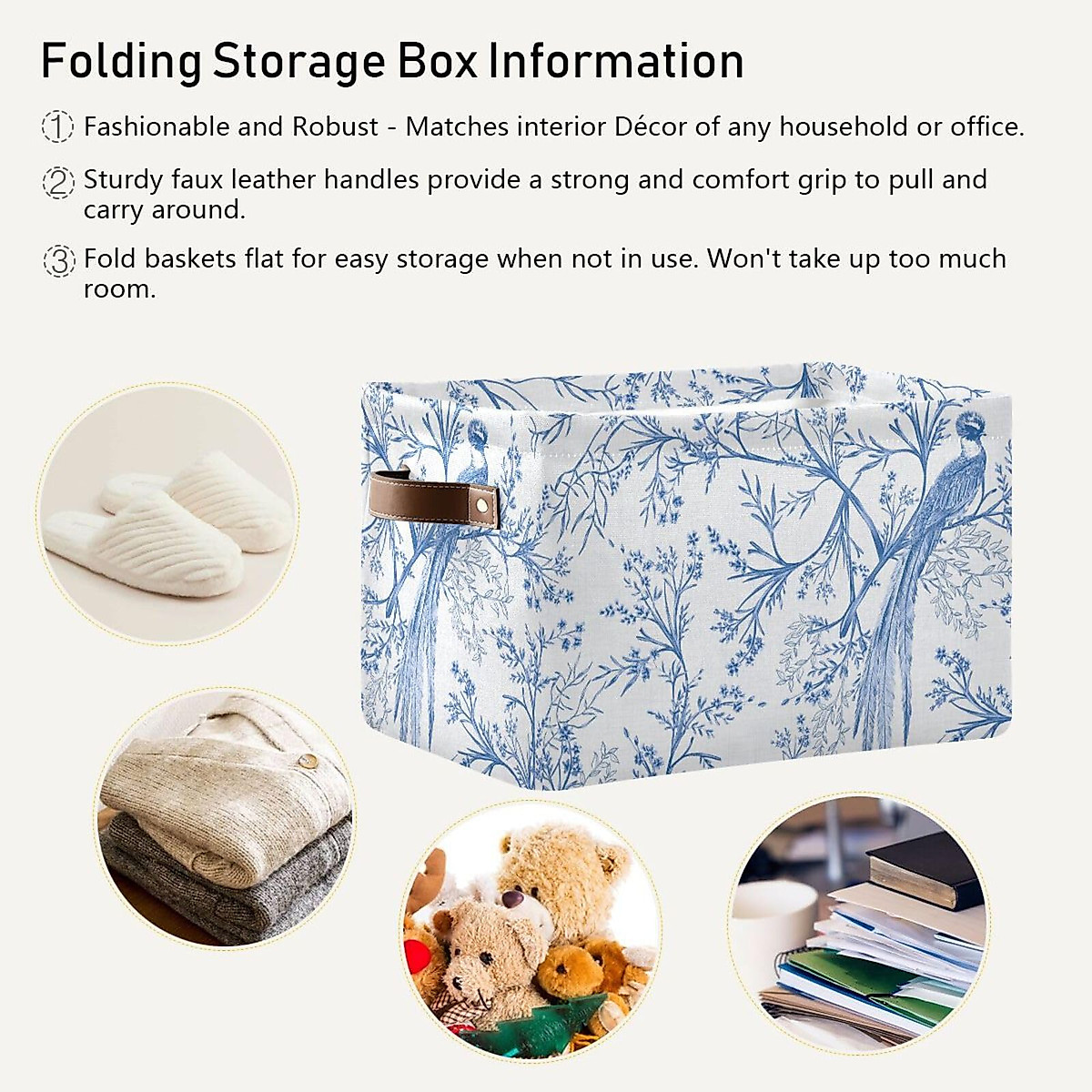 susiyo Foldable Storage Bin Oriental Garden Bird Fabric Storage Baskets Collapsible Shelf Baskets Organizing Basket Bin with PU Handles for Shelves Home Closet Bedroom Living Room-1Pack