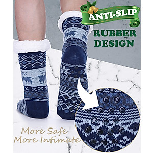 EBMORE Mens Slipper Fuzzy Socks Fluffy Winter Cabin Cozy Warm Soft Fleece Thick Comfy Christmas Gift Stocking Stuffers with Grips(Blue Deer)