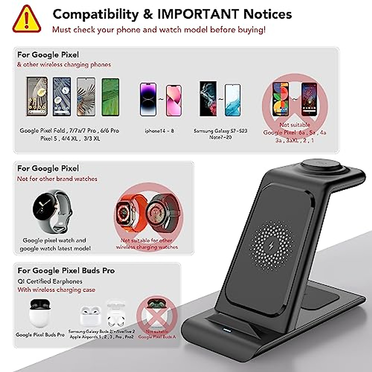 Upgraded 3 in 1 Wireless Charger for Google Pixel Watch, Pixel Fold/7a/7/7 Pro/6/6 Pro/5/4, Pixel Buds Pro, Wireless Charging Station for Multiple Devices iPhone 14/13, Airpods 3/2/1/Pro (Dark Black)