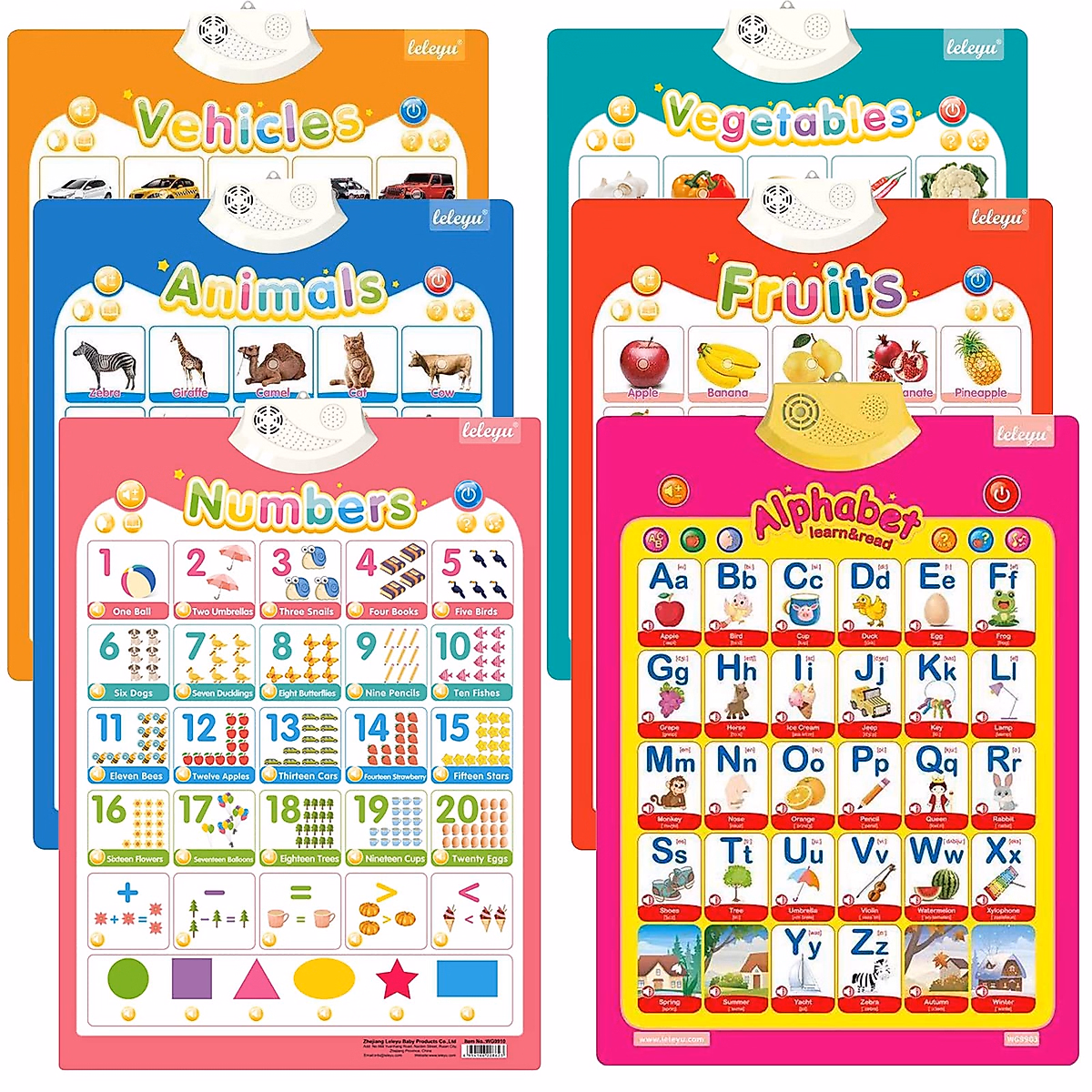 6Pcs Electronic Interactive Alphabet Wall Chart for Kids, ABC Learning for Toddlers,Learning Toys for Toddlers, Talking ABC,123s,Animal,Fruits,Vehicles & Vegetables Poster,Preschool Gifts for Kids