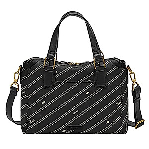 Fossil Women's Jacqueline Faux Leather Satchel Purse Handbag, Black/Bone Signature Print (Model: ZB1574104)