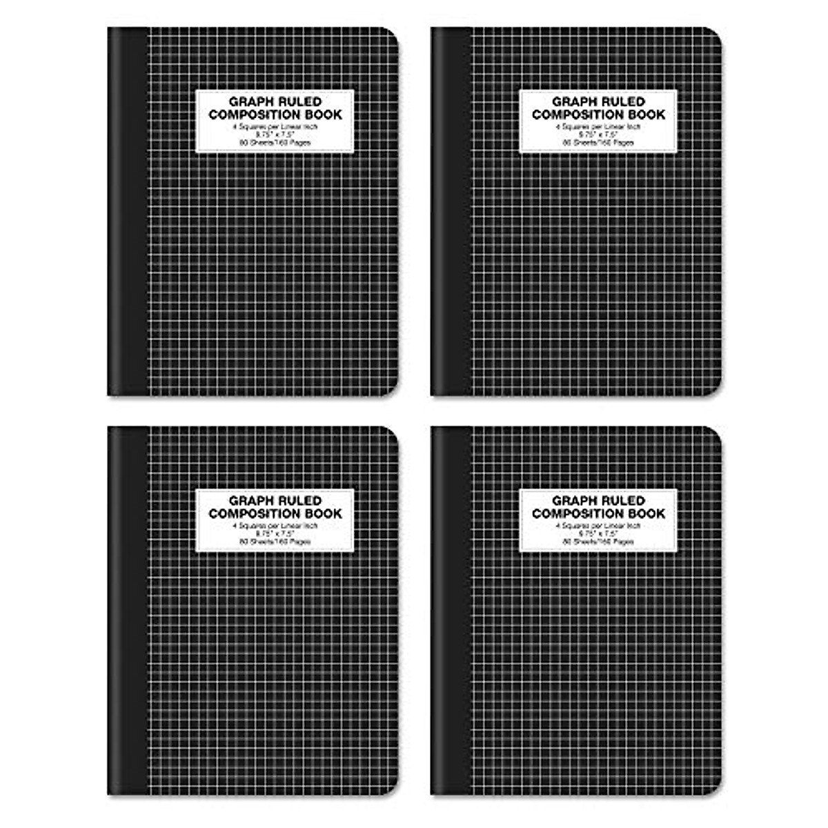 Quad Ruled Composition Book Notebook, 4 Pack, Hardcover 4x4 Graph Ruled Paper, 80 Sheets, 9.75" x 7.5", by Better Office Products, Black Cover, 4 Pack