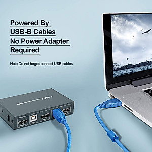 KVM Switch HDMI 2 in 1 Out Box, 4K@30Hz with USB 2.0 Hubs, HDMI Cables and USB-B Cables Attached, Downward Compatible Lower Resolution