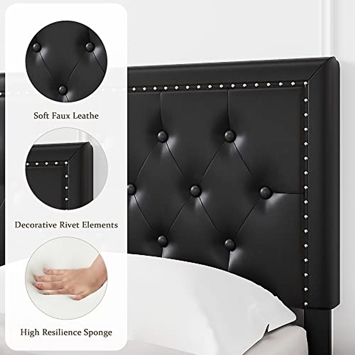 Homhougo Full Size Bed Frame with Adjustable Headboard, Upholstered Platform Bed with Button Tufted Faux Leather Headboard, Wood Slat Support, Noise-Free, No Box Spring Needed, Easy Assembly, Black