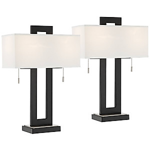 360 Lighting Neil 26" High Rectangular Rustic Modern Table Lamps Set of 2 USB Port Pull Chain Black Metal White Shade Living Room Charging Bedroom Bedside Nightstand House Office Entryway