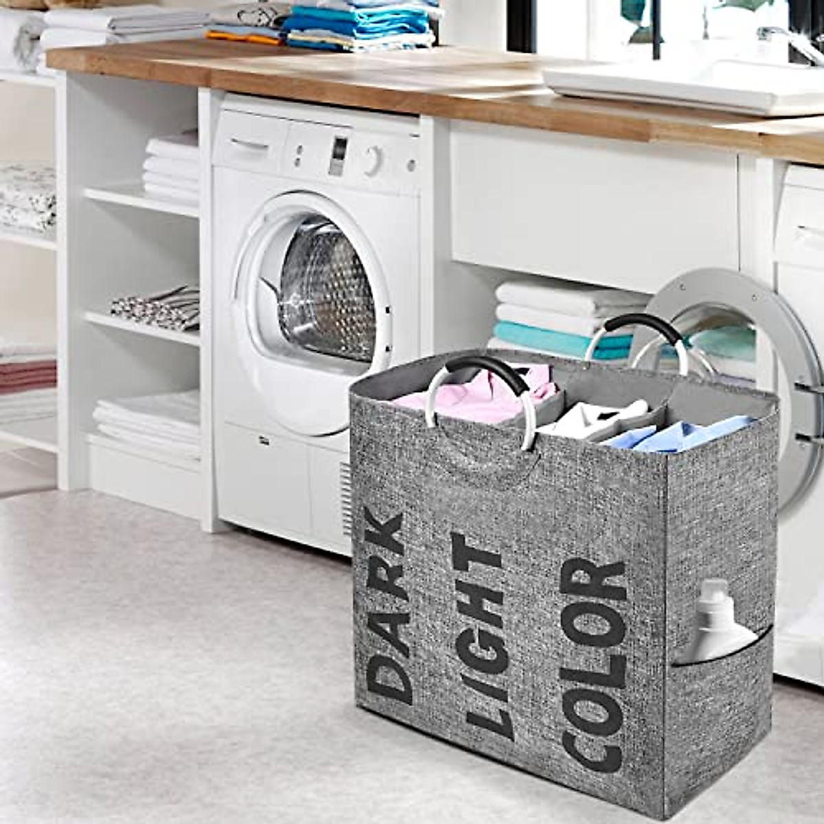 OTraki 3 Sections Laundry Hamper with Handle 106L 3 Compartment Divided Basket for Laundry Heavy Duty Collapsible Dirty Clothes Sorted Bag for School Dorm Bedroom Bathroom Closet Apartment Grey