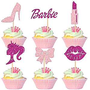 Rsstarxi 24 Pack Hot Pink Princess Cupcake Toppers Glitter Girl Birthday Cupcake Decorations High Heel Lipstick Bow Tie Cupcake Picks for Bridal Shower Wedding Birthday Party Cake Decorations