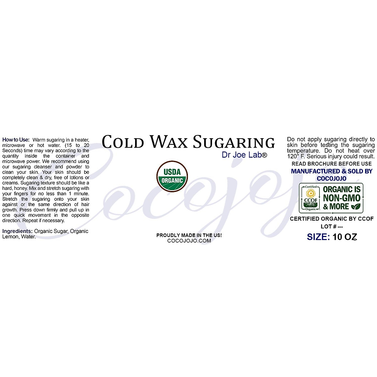 Organic Sugaring Cold Wax Hair Removal Paste - USDA Certified Organic - 10 oz Easy Gentle for Bikini Brazilian Arms Legs Chest Underarms Body Lips Face Facial Men Women Medium to Fine Hair - COCOJOJO