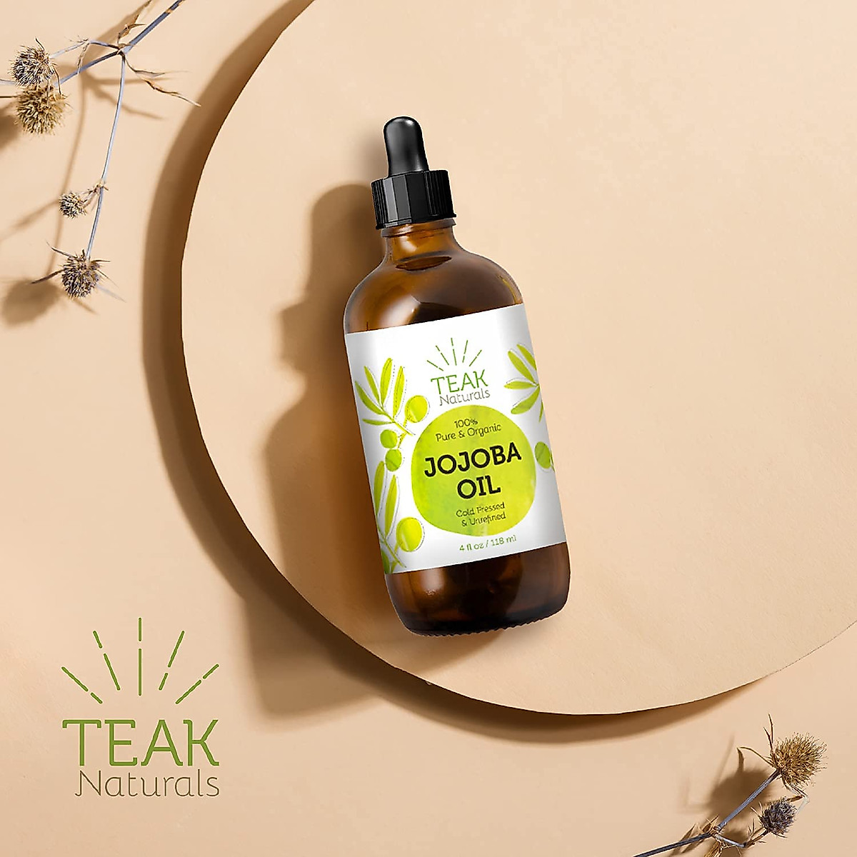 Teak Naturals Cold Pressed Organic Jojoba Oil Natural Unrefined Pure Jojoba Oil Moisturizer for Skin Hair and Nails - 4 Ounces