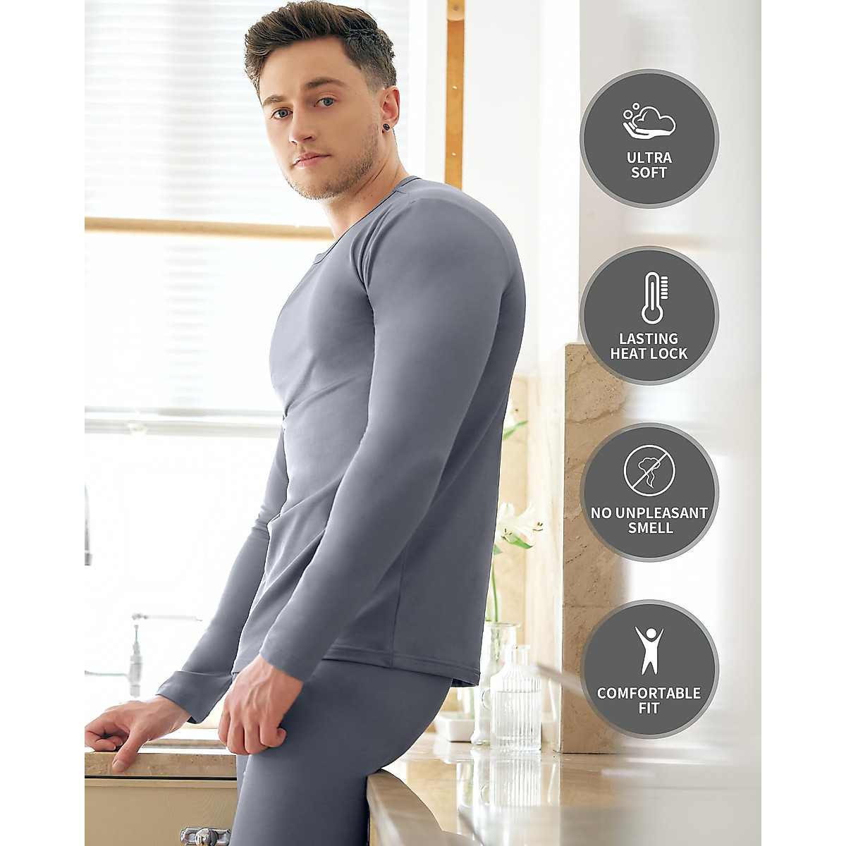 WEERTI Thermal Underwear for Men Long Johns with Fleece Lined, Base Layer Men Cold Weather Top Bottom Grey