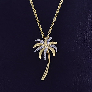 Jewel Zone US Beach Jewelry - 1/20 Carat Round Cut Natural White Diamond Accent Palm Tree Pendant Necklace In 10k Solid Yellow Gold 18 Inch 10k Gold Chain (0.05cttw)