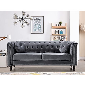 US Pride Furniture Modern Style High Density Foam Cool Grey Velvet Rolled Arm Chesterfield Living Room Removable Cushion & Solid Wood Legs (S5608-5613) Sofas