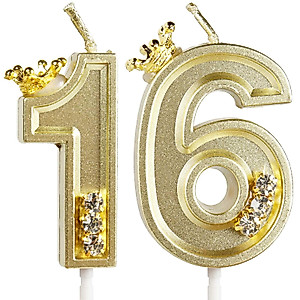Hongplus Gold Number 16 Birthday Candle with Diamonds & Crown Cake Candles, Candles for Cake, Crown Happy 16 Birthday Candles Cake Topper Decorations for Girls Boys Birthday Anniversary Party
