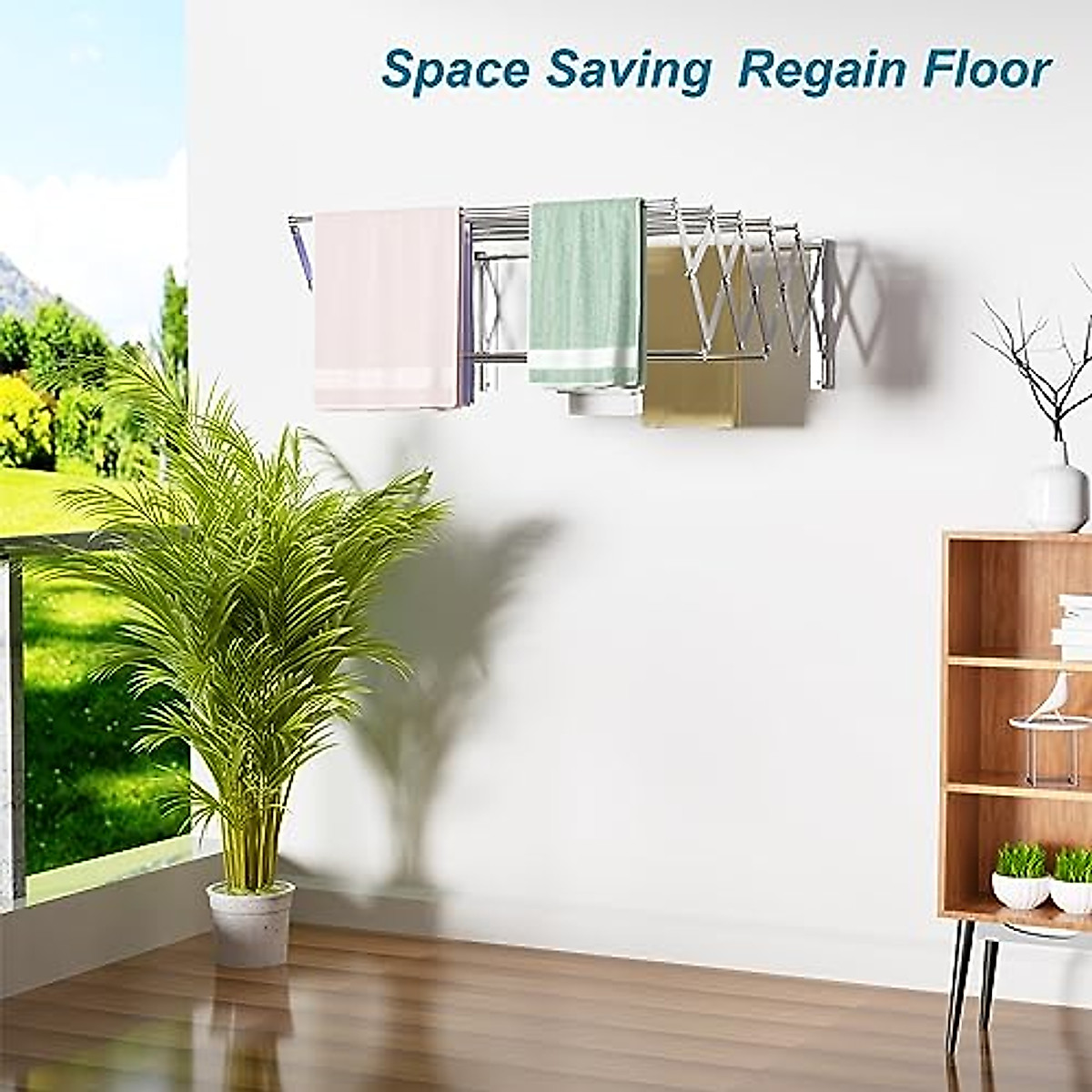 kenvc Wall Mount Clothes Drying Rack, Stainless Steel & Space-Saving Laundry Rack, 7 Rods Crossbar, 3.6 Lbs, 18.33 Linear Feet, 31.5"x23.6"x8.3", 60lb Capacity, Medium, White