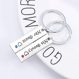 Floralby 1 Pair Her Beast/His Beauty Rectangle Key Ring Keychain Couple Bag Pendant Car Key Decor