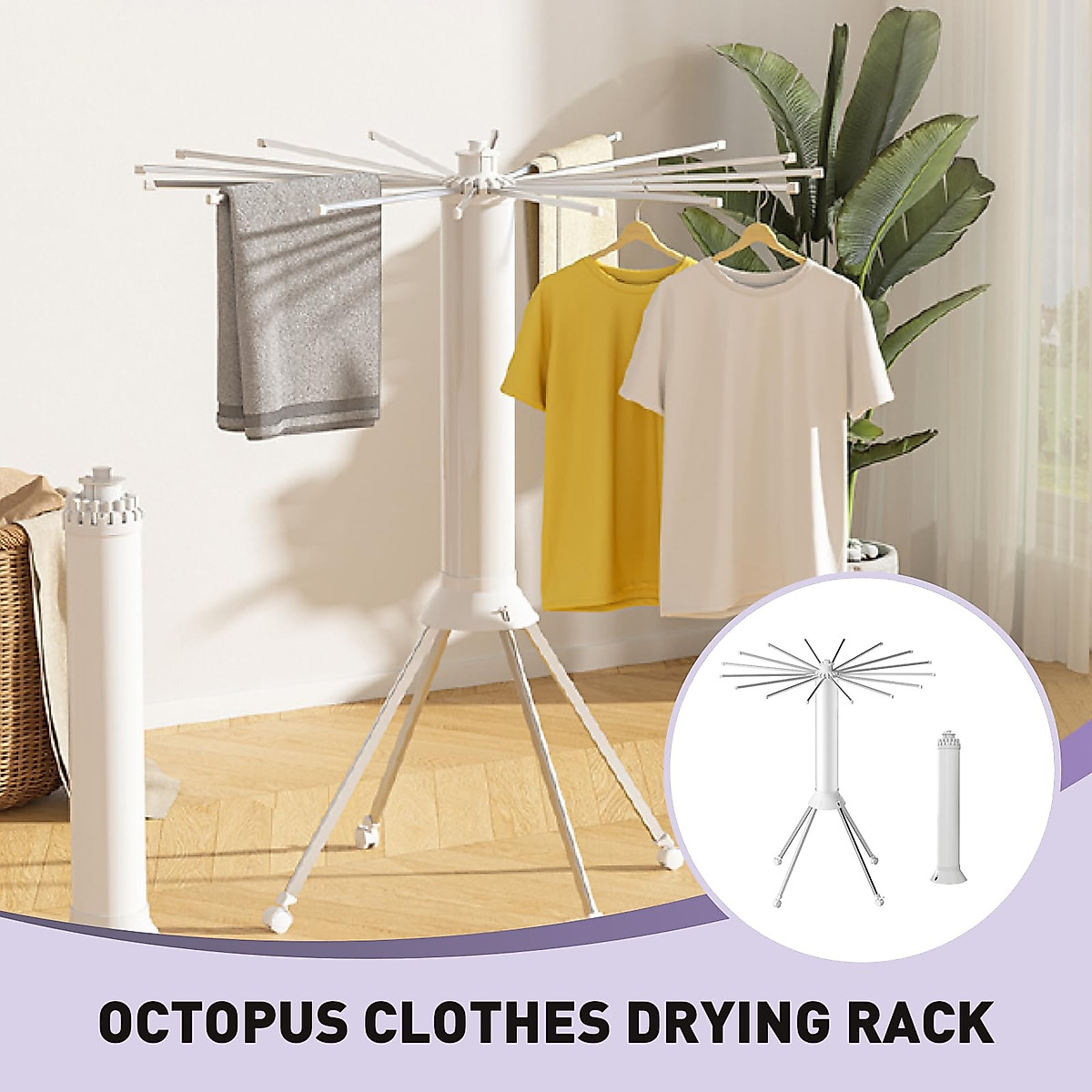 crystine Laundry Racks for Drying Clothes Octopus Cylinder Portable Clothes Rack with Four Wheels and 16 Drying Rods Space Saving Drying Rack, Suitable for Balcony, Bedroom, Indoor and Outdoor (Grey)